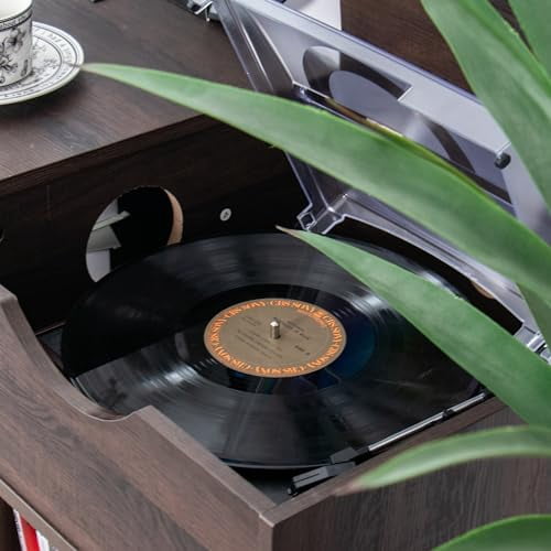 Record Player Stand, Vinyl Record Cabinet with Power Outlet Holds Up to ...