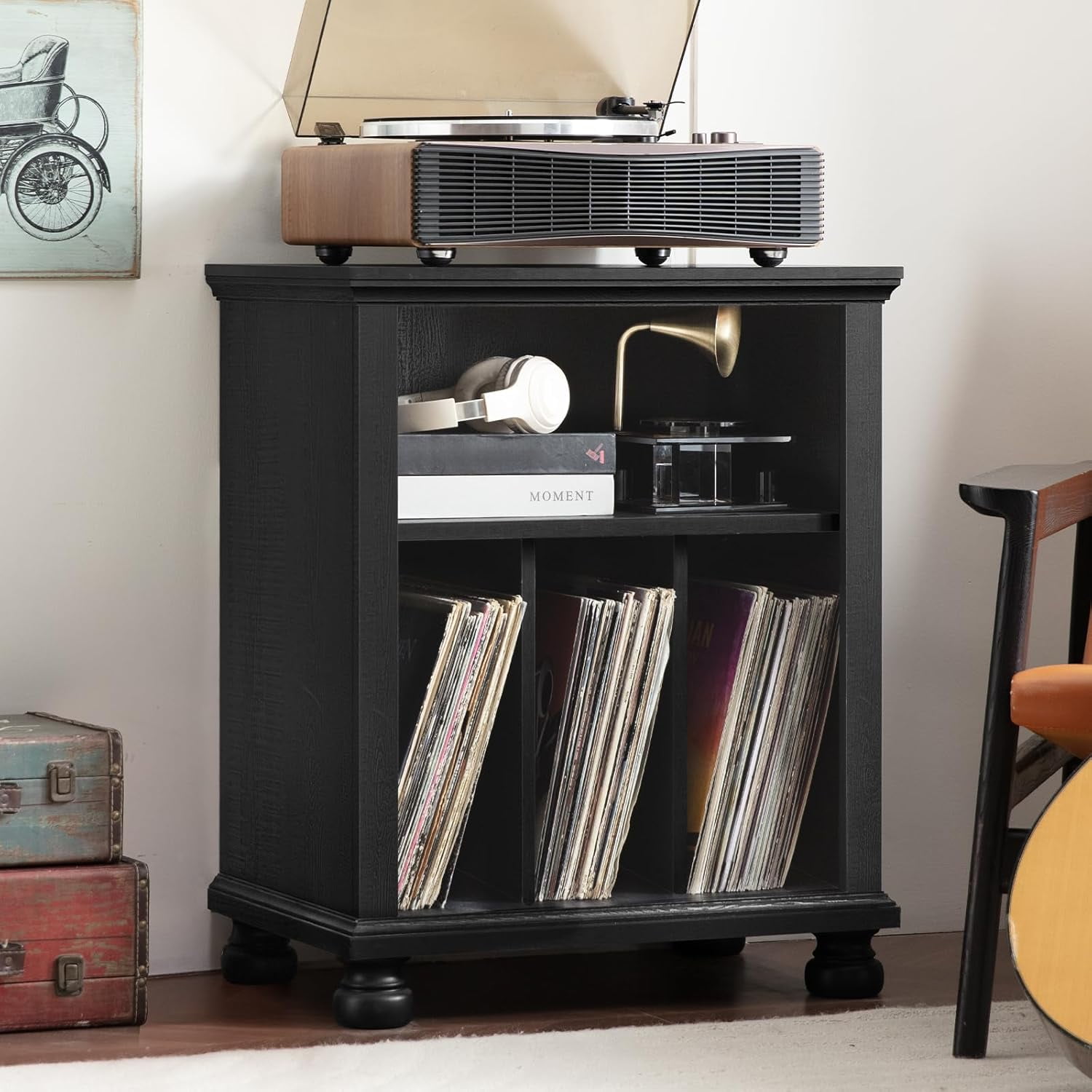 Record Player Stand with Vinyl Record Storage, 24" Wide Mid-Century ...