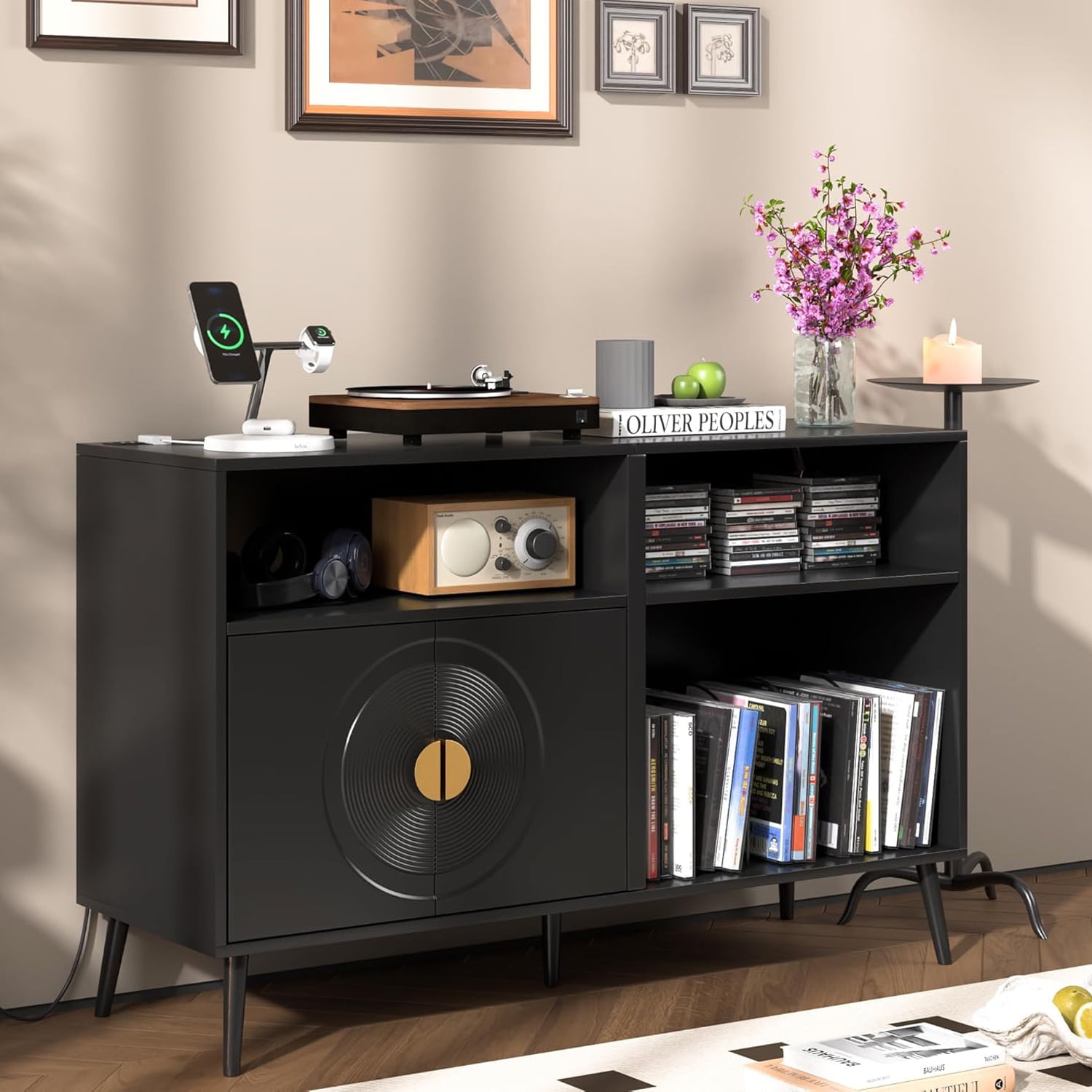 Record Player Stand, Vinyl Record Storage Cabinet with Charging Station ...