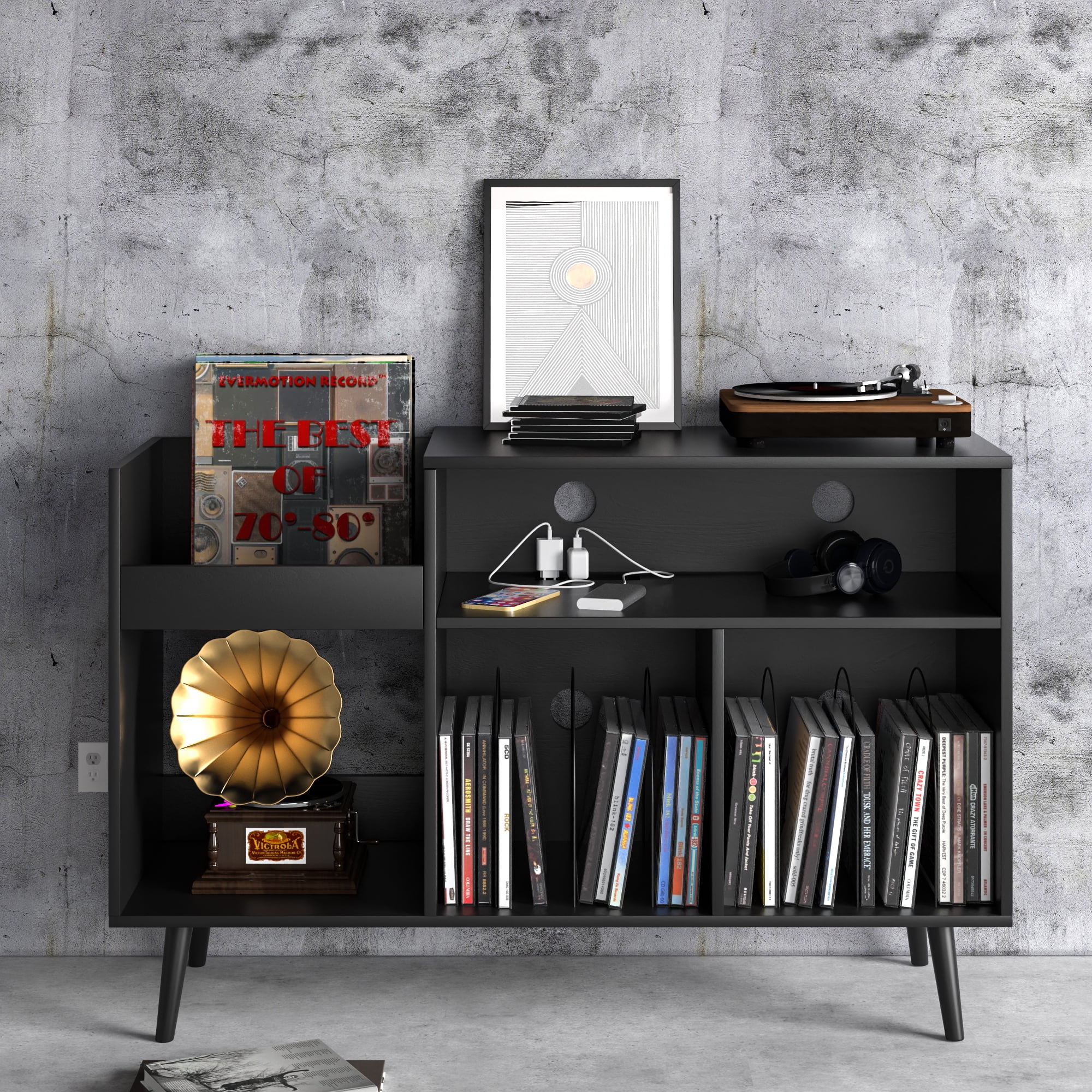 Record Player Stand, Vinyl Record Storage Cabinet with Charging Station ...