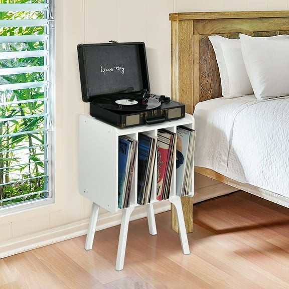 Mid-Century Vinyl Storage Cabinet Table with Solid Wood Legs, Turntable ...