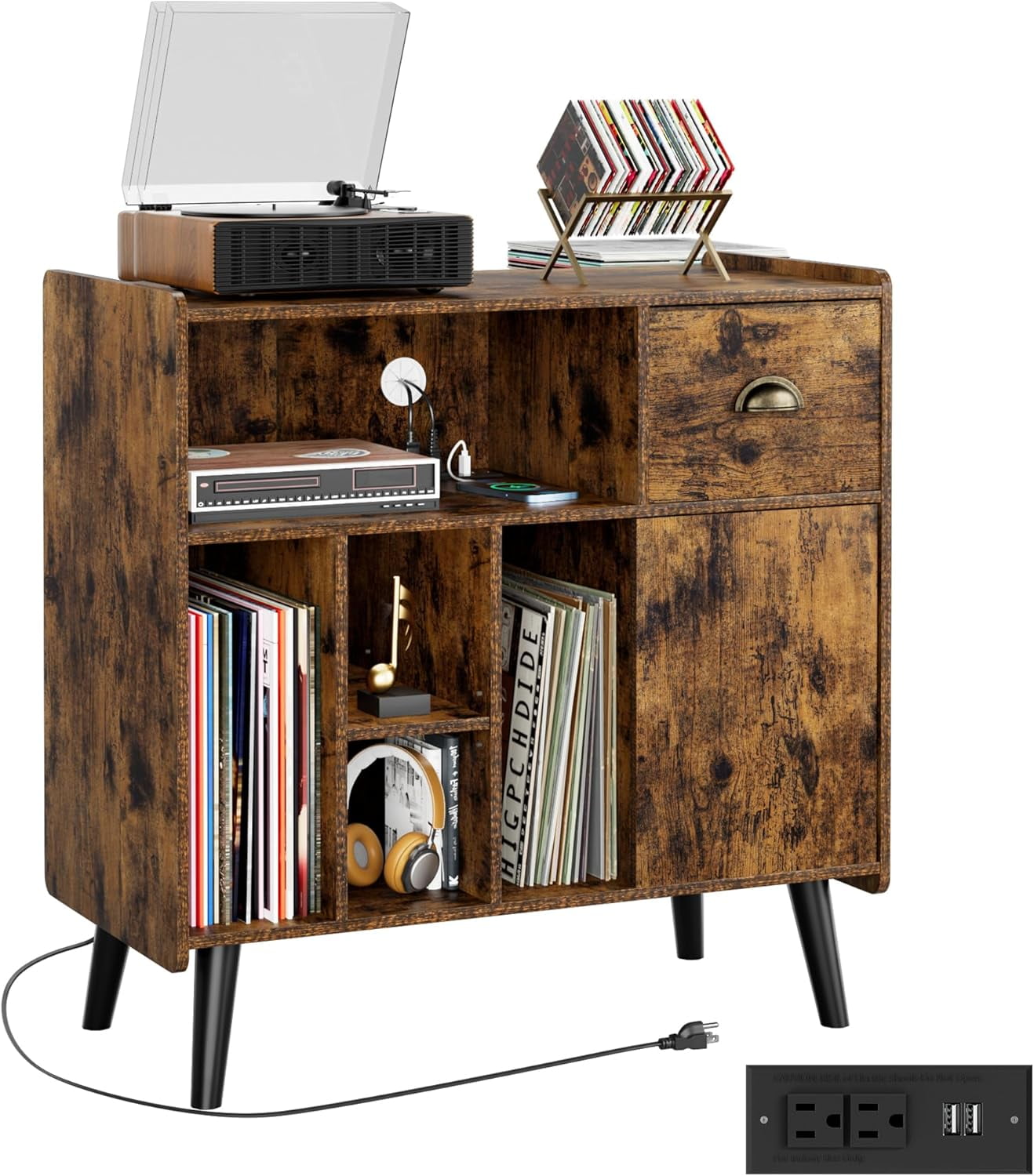 Record Player Stand, Vinyl Records Storage Cabinet Display Shelf with ...