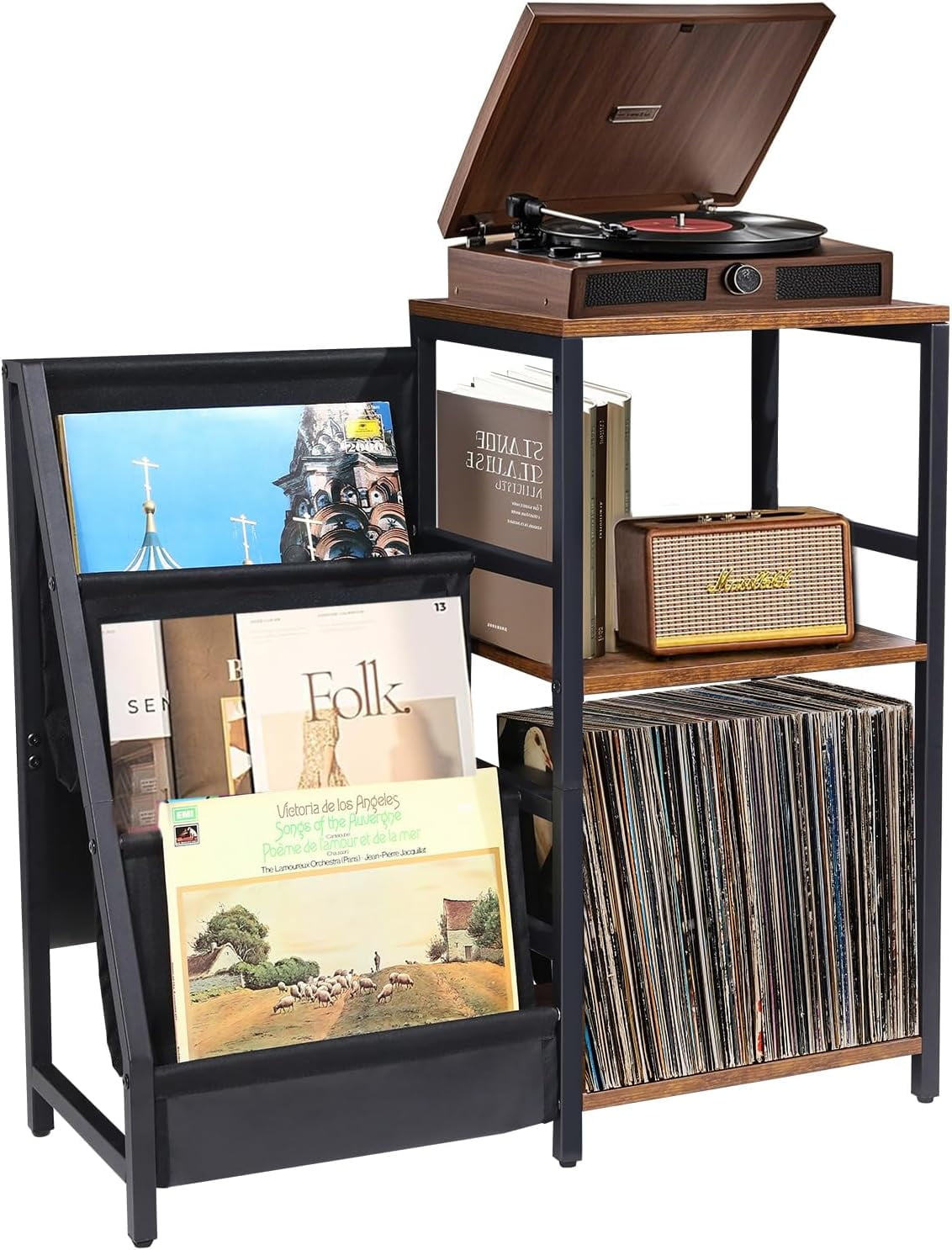 Record Player Stand with Vinyl Storage，200 LP Wooden Record Display Table for Albums Books ...