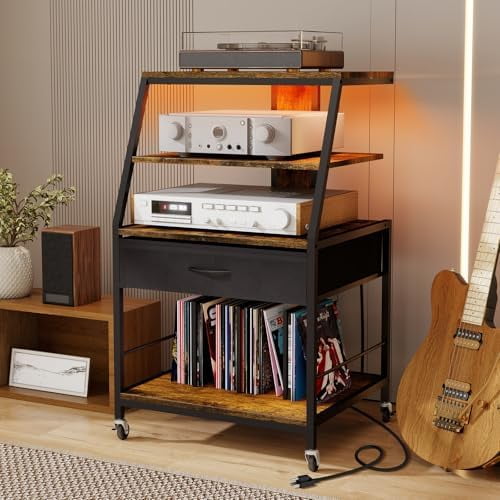 Record Player Stand with Vinyl Storage, 4-Tier AV Media Cabinet with ...