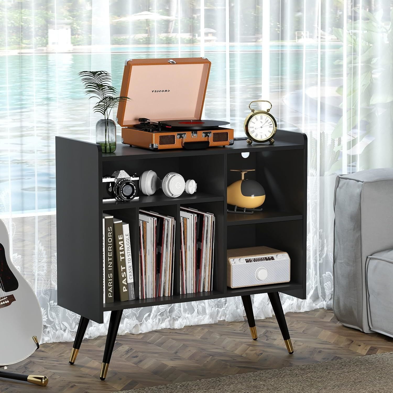 Record Player Stand with Vinyl Storage, Black Record Player Table Large ...