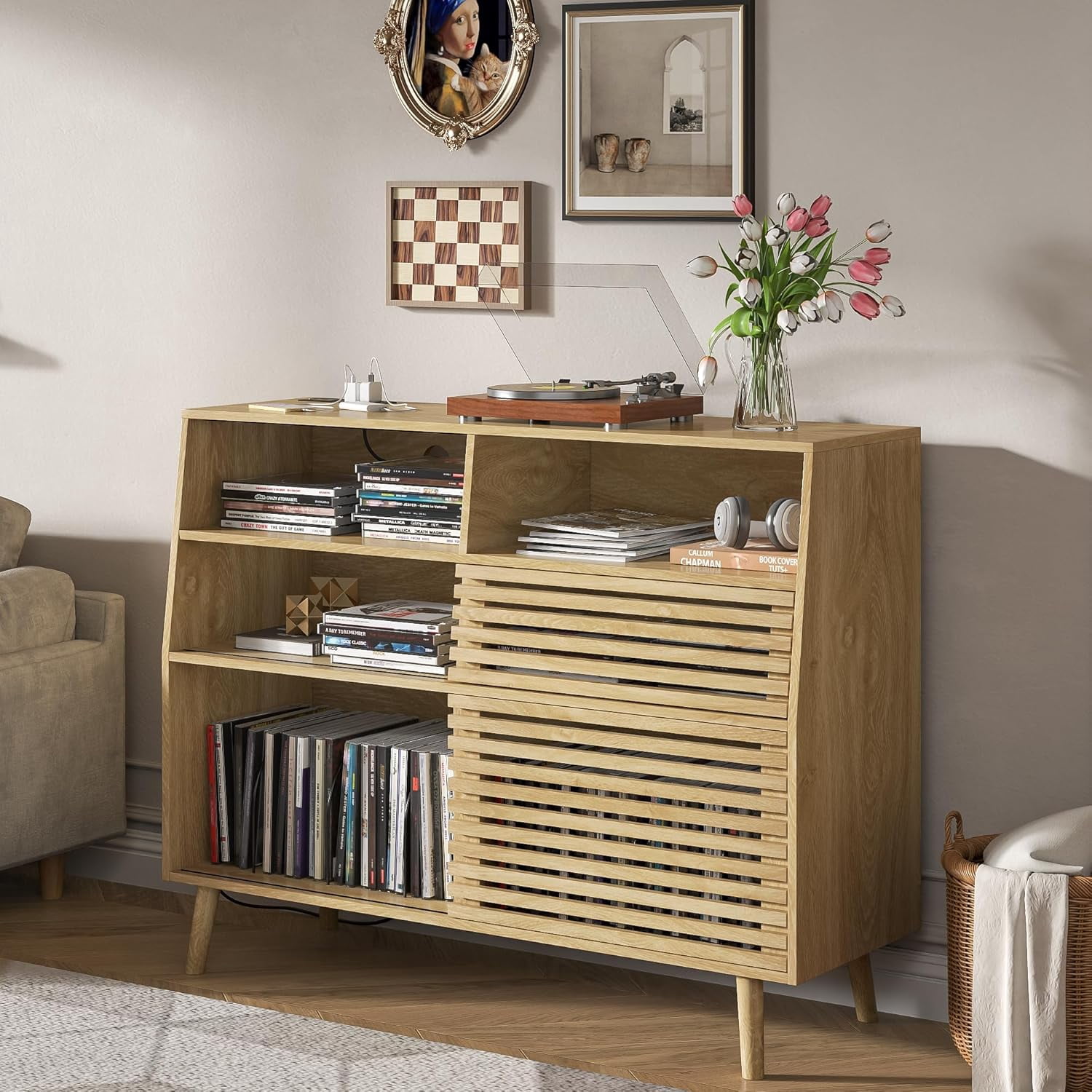 Record Player Stand with Vinyl Storage, Cabinet with Slide Door, Mid ...