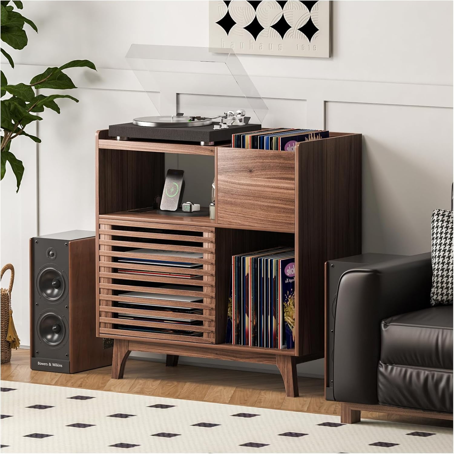 Record Player Stand with Vinyl Storage and Charging Station Mid Century ...
