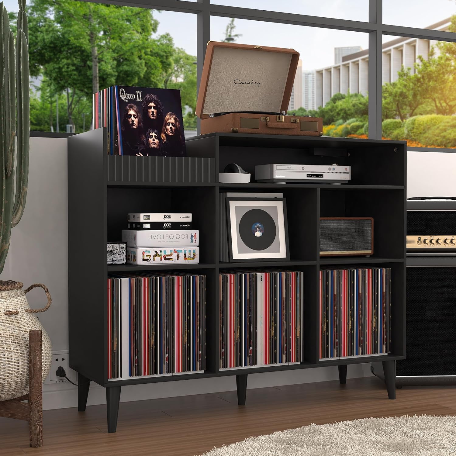 Record Player Stand with Vinyl Storage - With Charging Station & USB ...