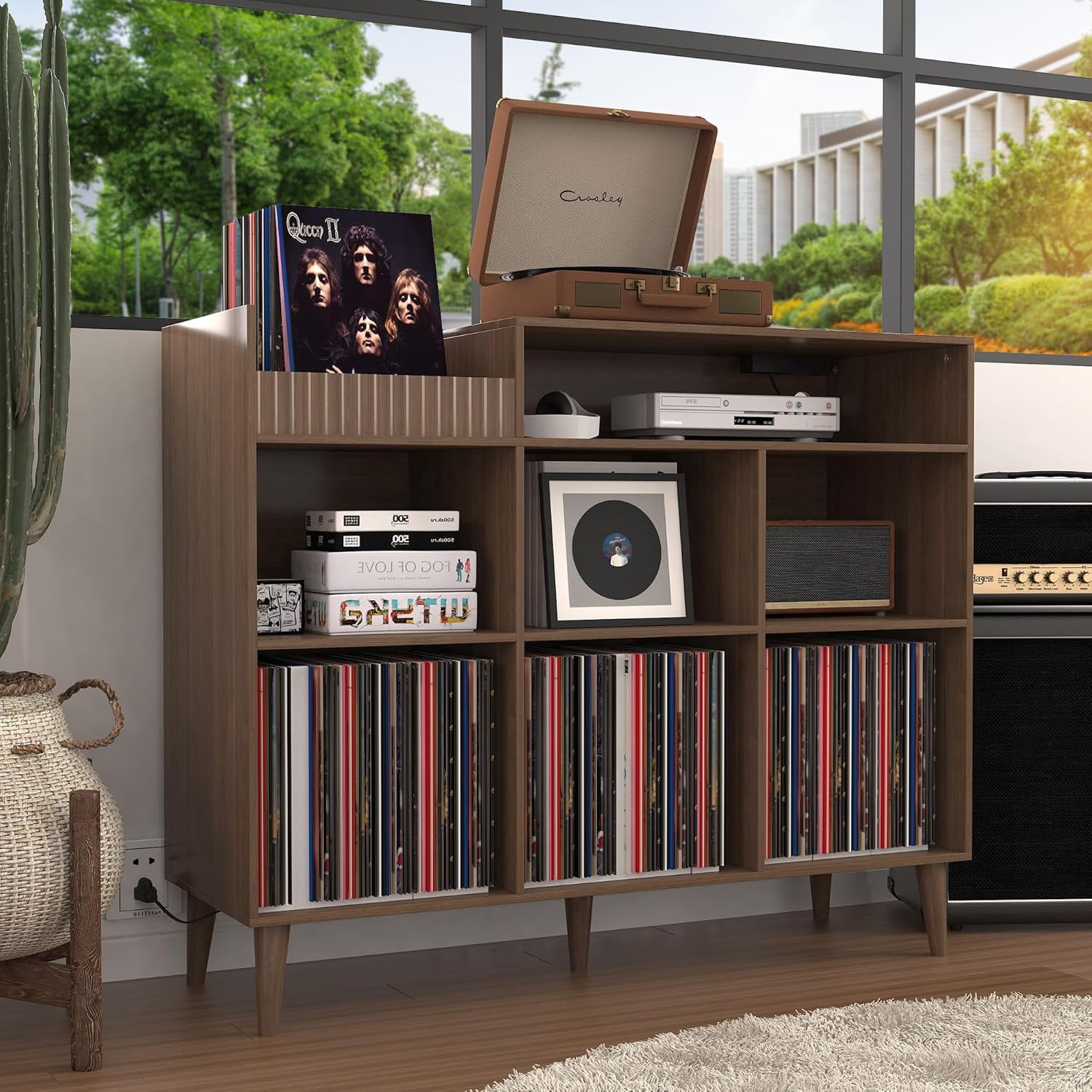 Record Player Stand with Vinyl Storage - with Charging Station & USB Ports, Mid Century Modern ...