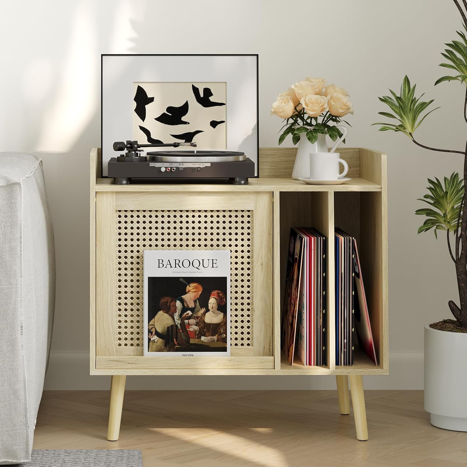 Record Player Stand with Vinyl Storage, Record Player Table with Rattan ...