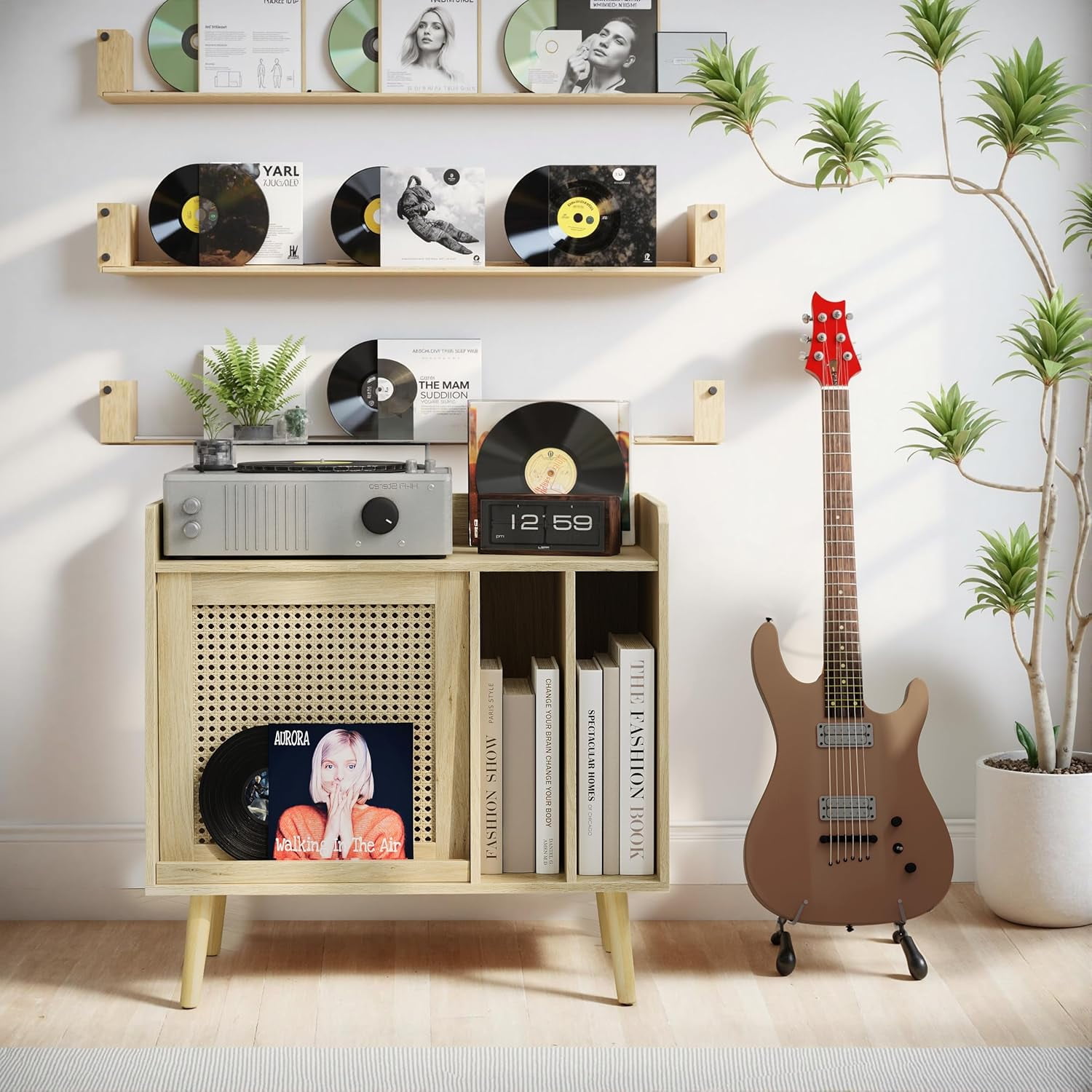 Record Player Stand with Vinyl Storage, Small Rattan Turntable Stand ...