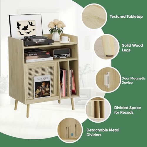 Record Player Stand with Vinyl Storage, Turntable Stand with Rattan ...
