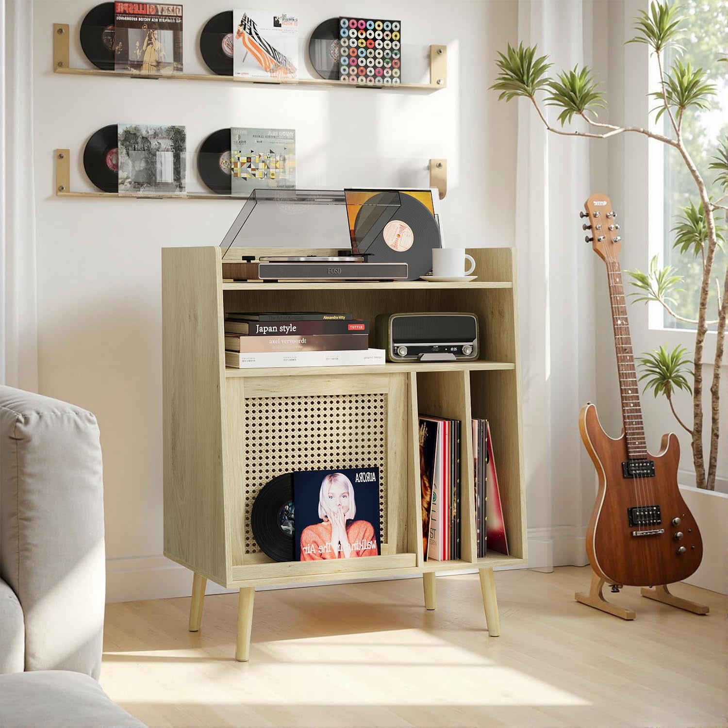 Record Player Stand with Vinyl Storage, Turntable Stand with Rattan ...