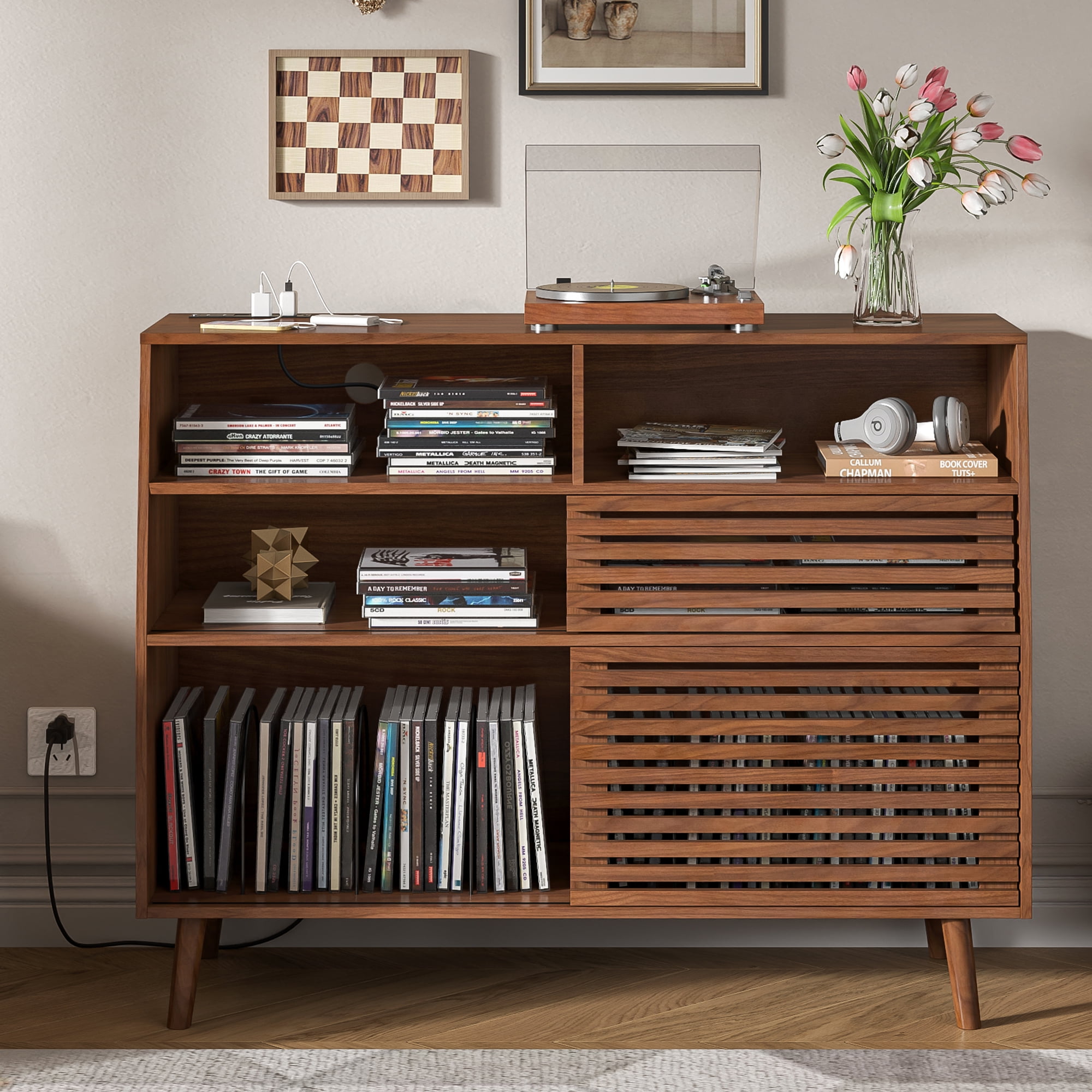 Record Player Stand with Charging Station, Mid-Century Turntable Stand ...