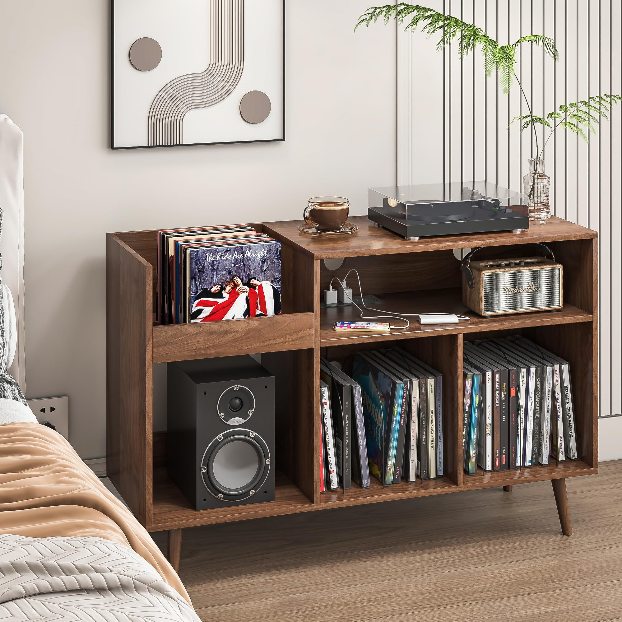 Record Player Stand with Charging Station, Vinyl Record Storage Cabinet ...