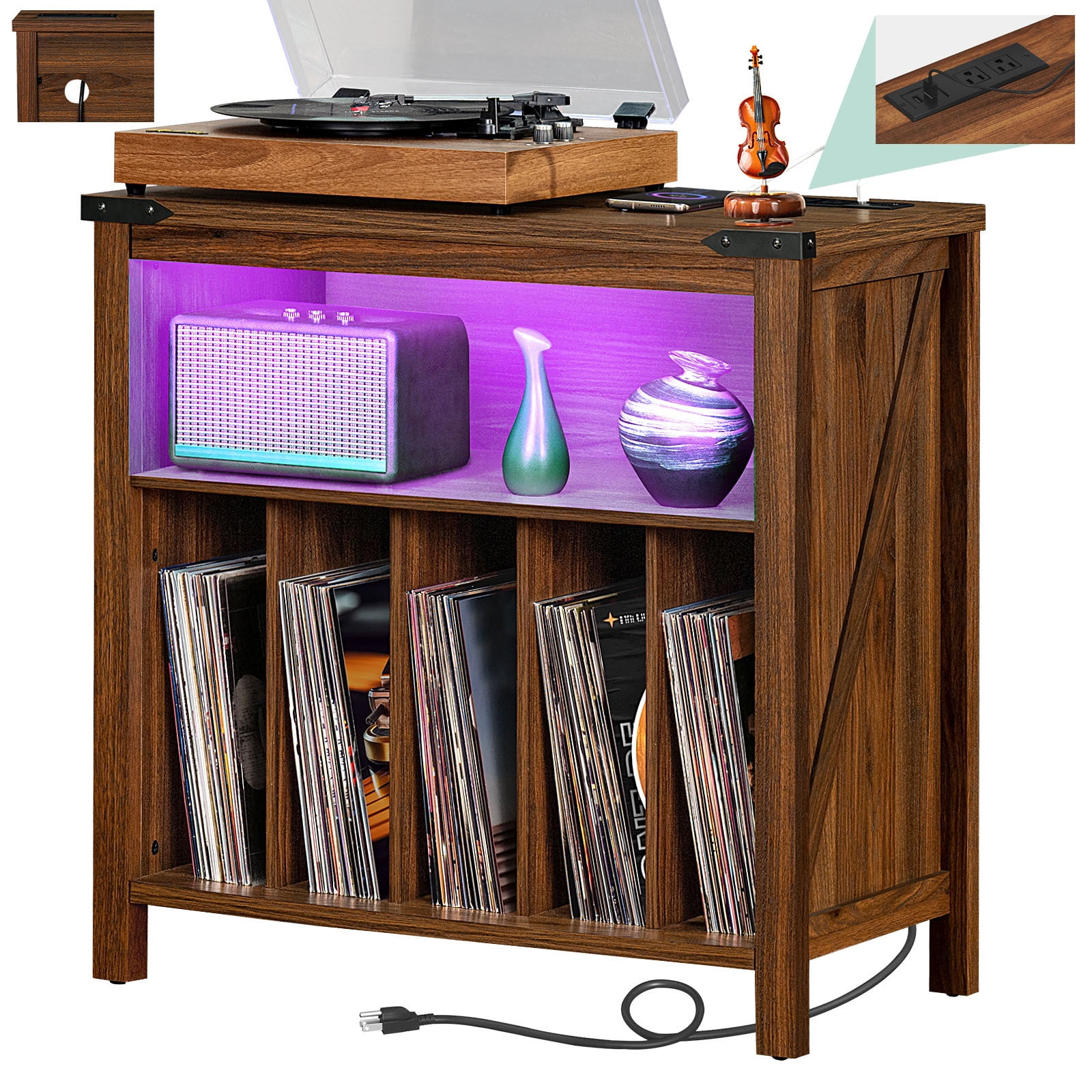 Record Player Stand with LED Lights & Power Outlets, Holds 230 Vinyl ...