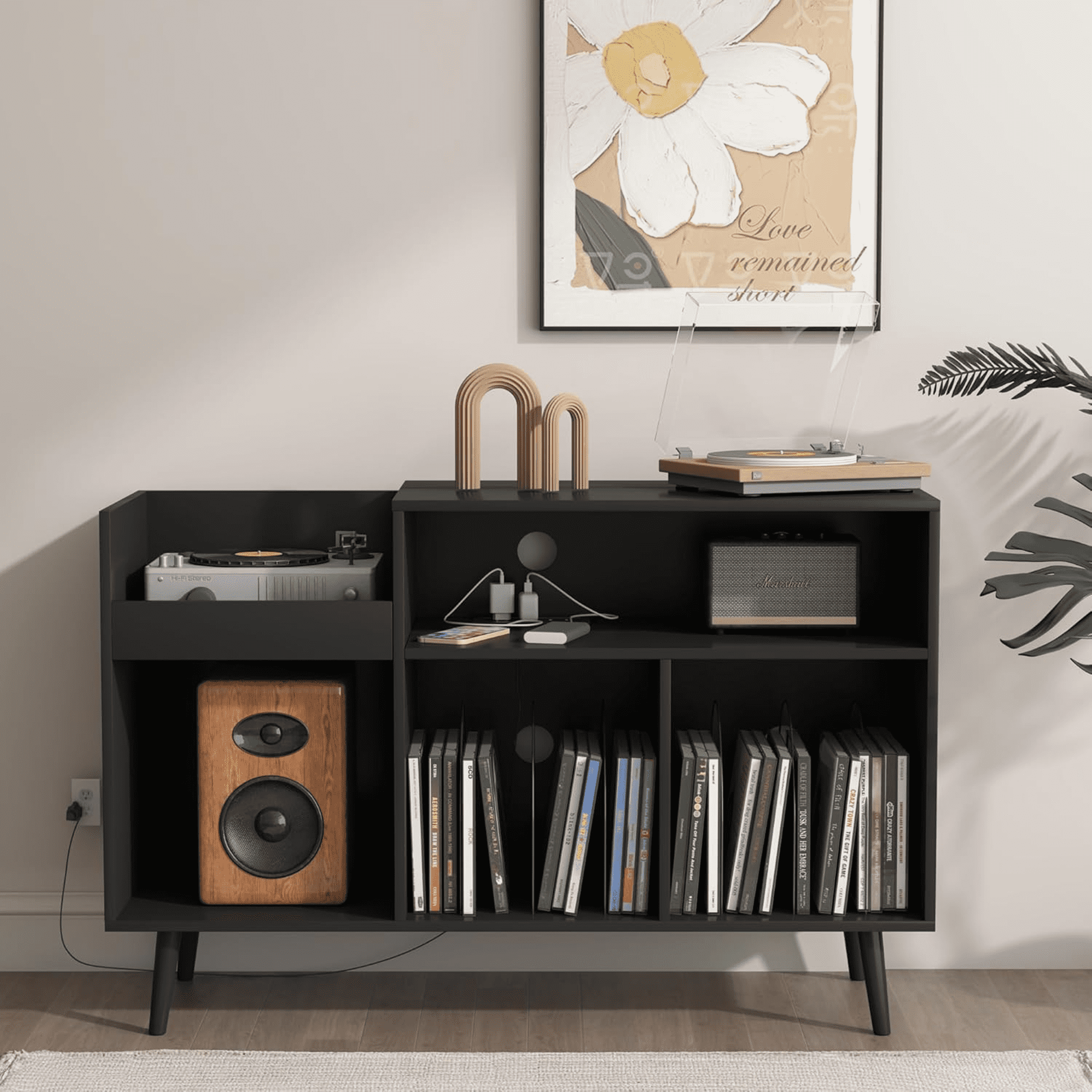 Record Player Stand with Power Outlet, Mid-Century Record Player Table ...