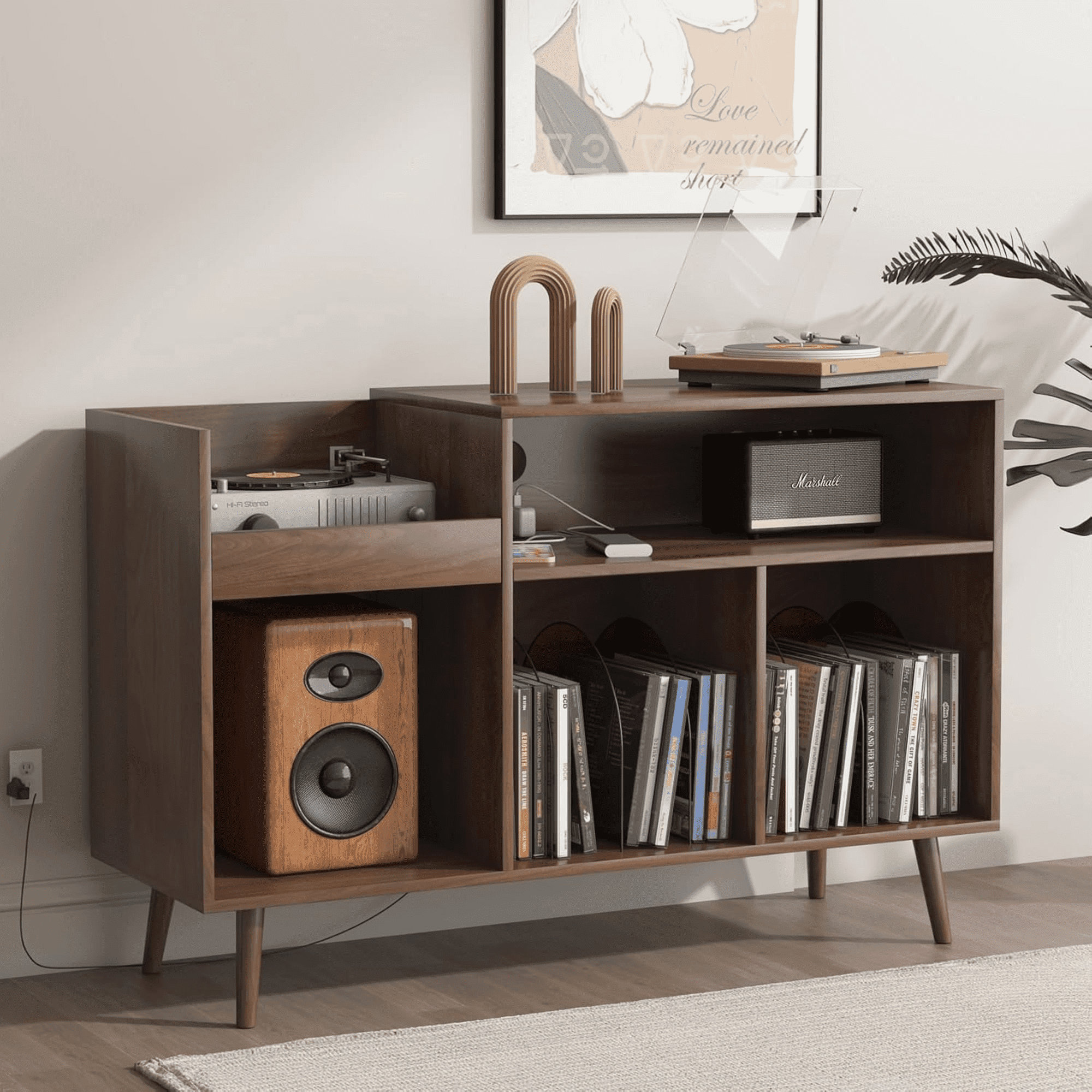 Record Player Stand with Power Outlet, Mid-Century Record Player Table ...
