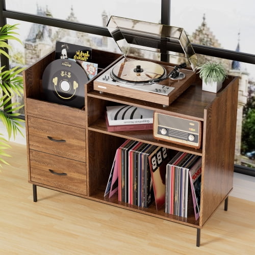 Record Player Stand with Power Outlet, Turntable Table with Flip-Down ...