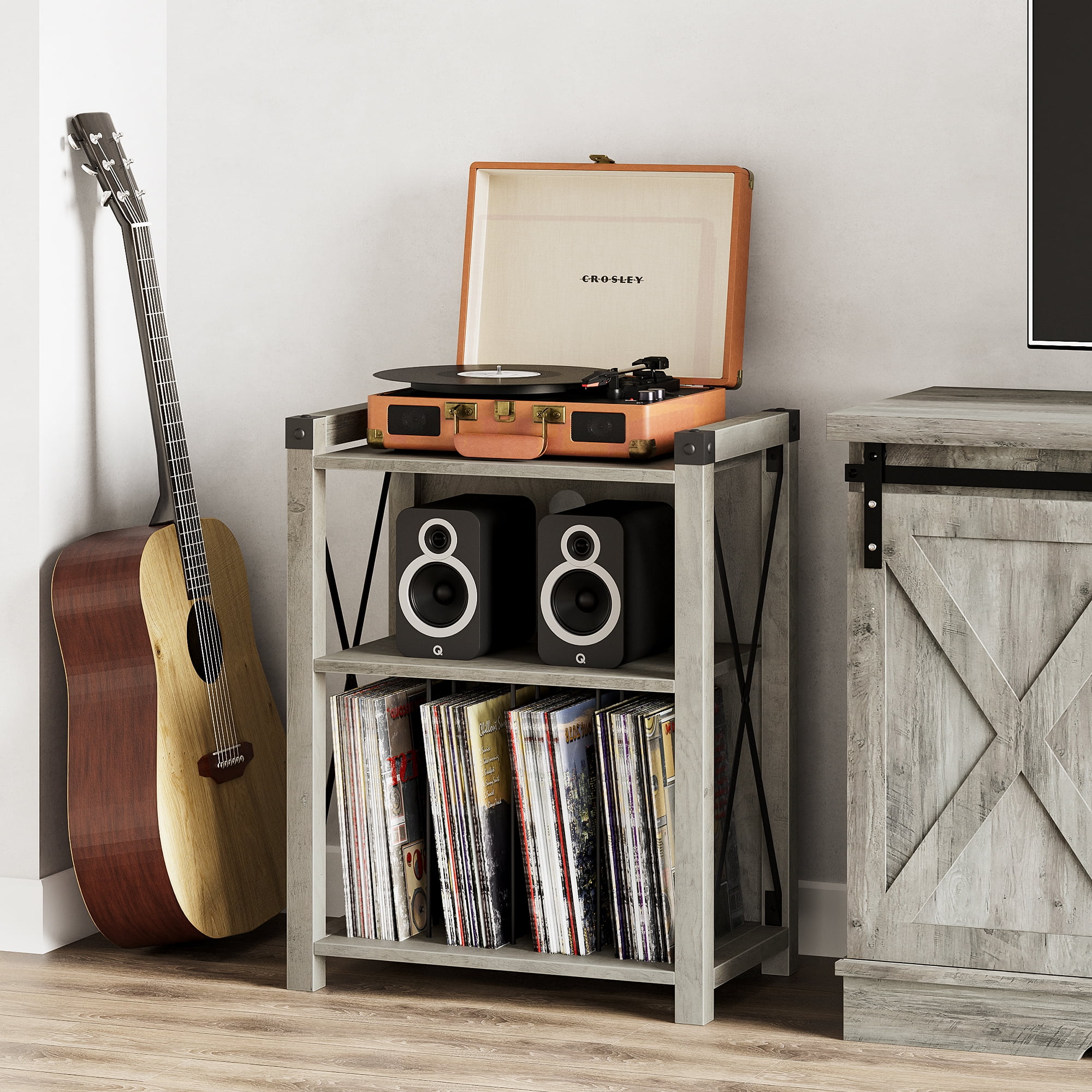 Record Player Stand with Storage, Farmhouse Wooden Turntable Stand with ...