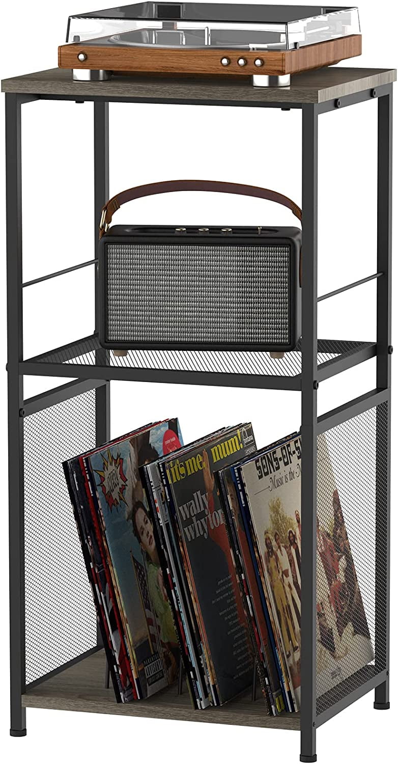 Record Player Stand with Vinyl Record Storage, 3-Tier Gray End Table ...