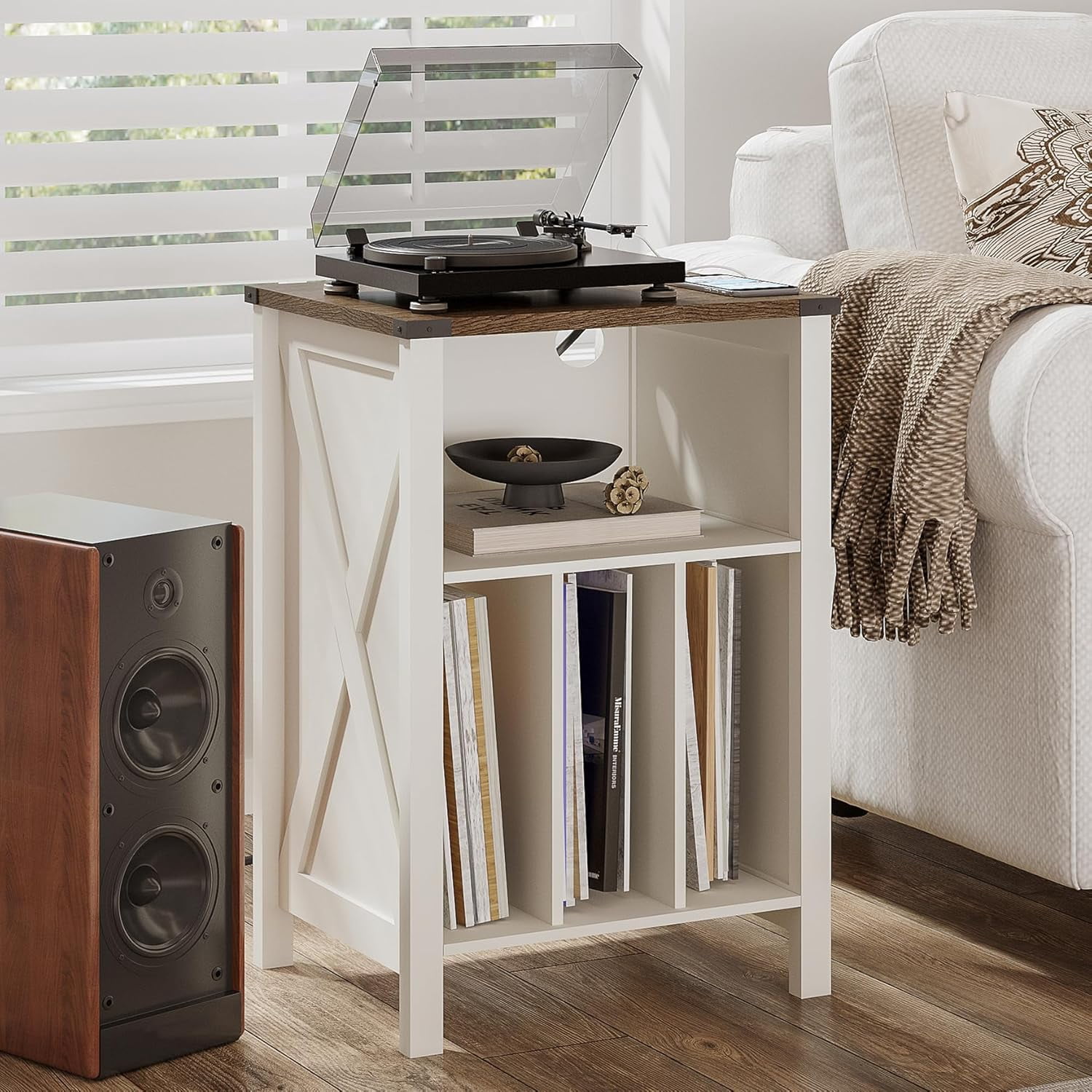 Record Player Stand with Vinyl Storage, Turntable Stand with Charging ...