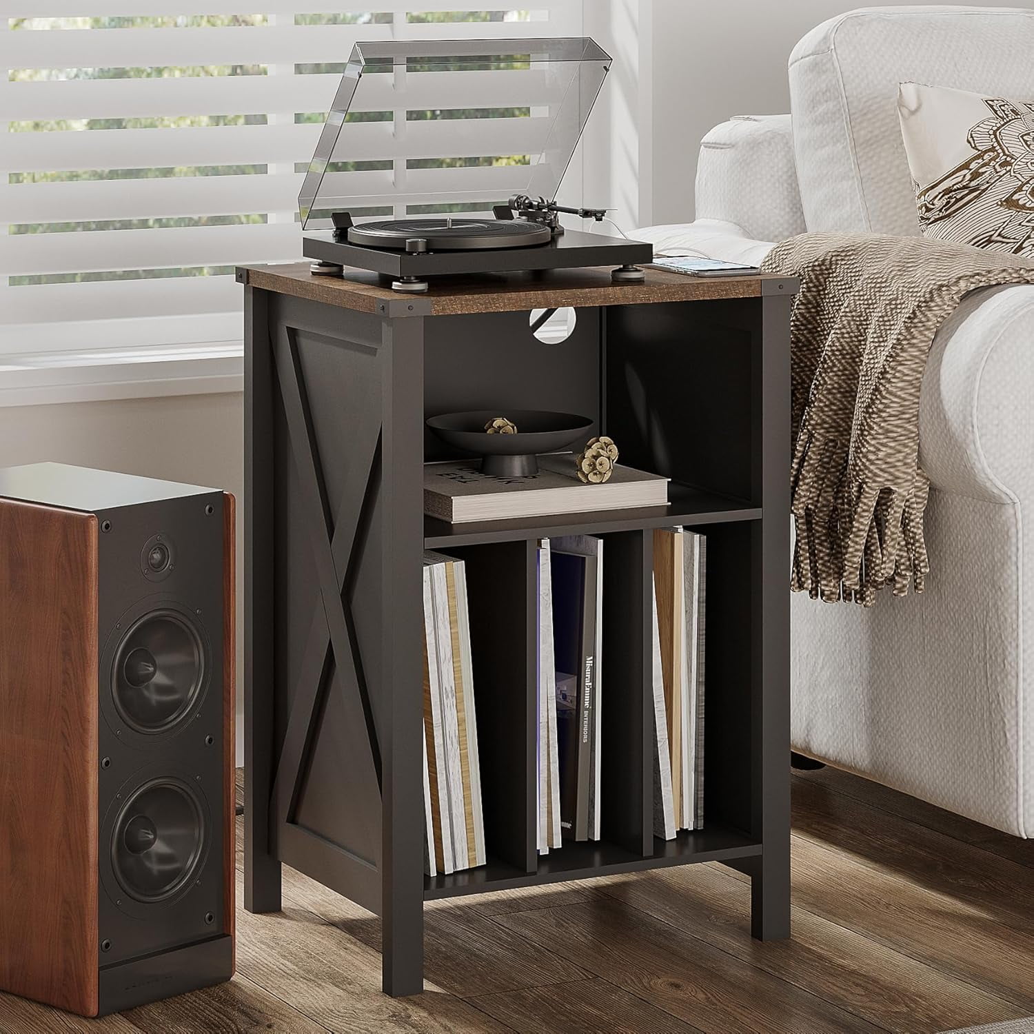 Record Player Stand with Vinyl Storage, Turntable Stand with Charging ...