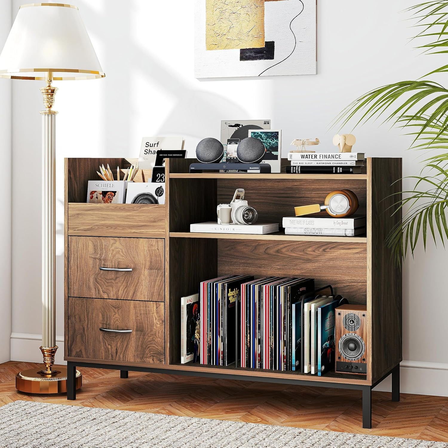Record Player Stand with Vinyl Storage and Drawers - Cabinet Holds 500 ...