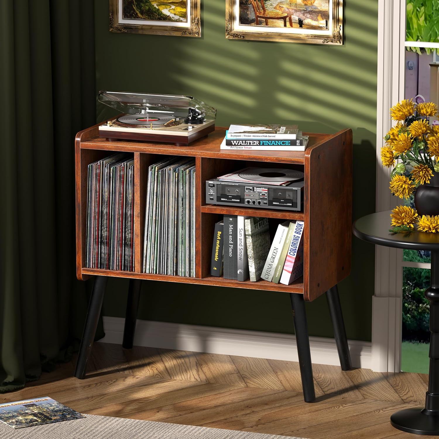 Record Player Table, Mid-Century Record Player Stand with Vinyl Storage ...