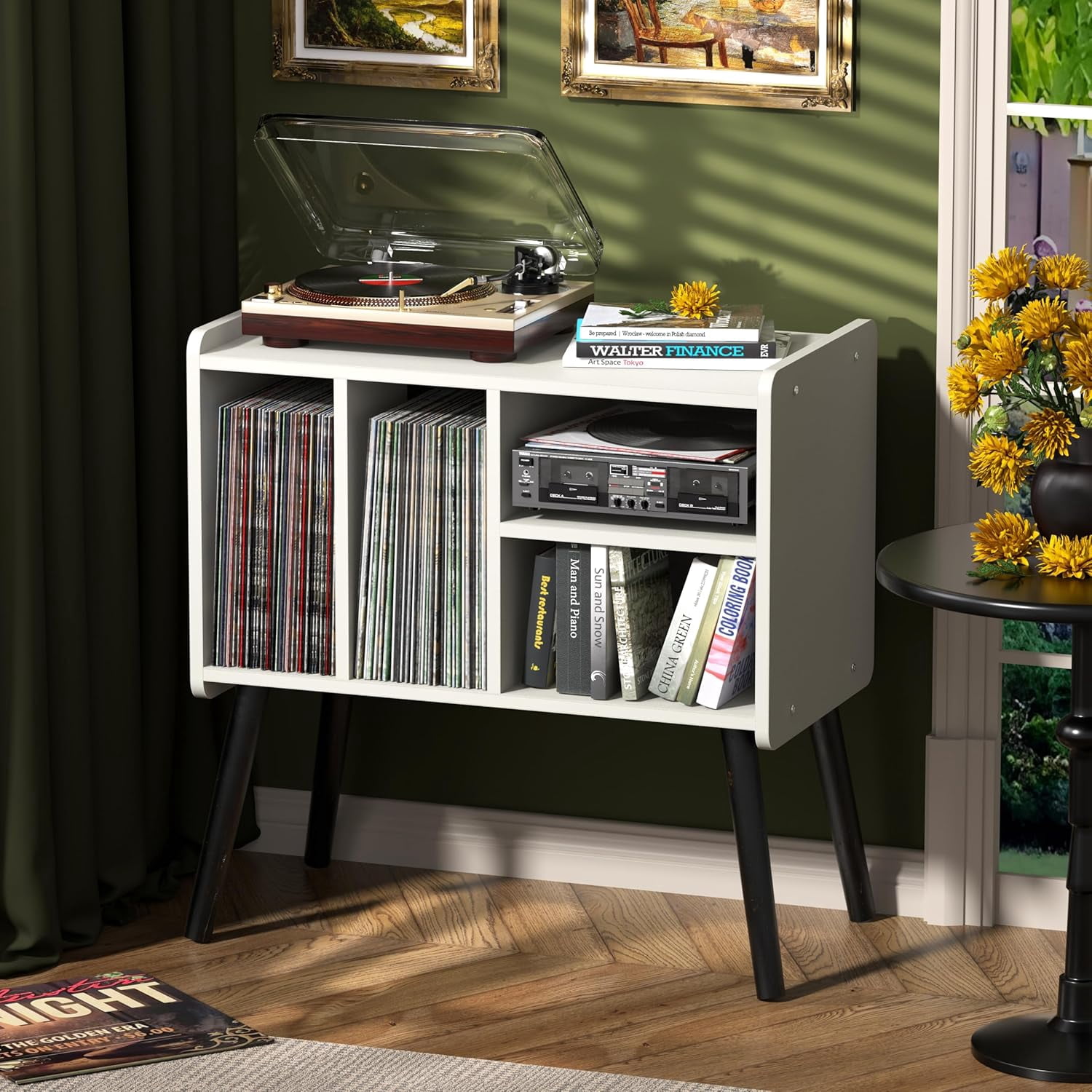 Record Player Table, Mid-Century Record Player Stand with Vinyl Storage ...