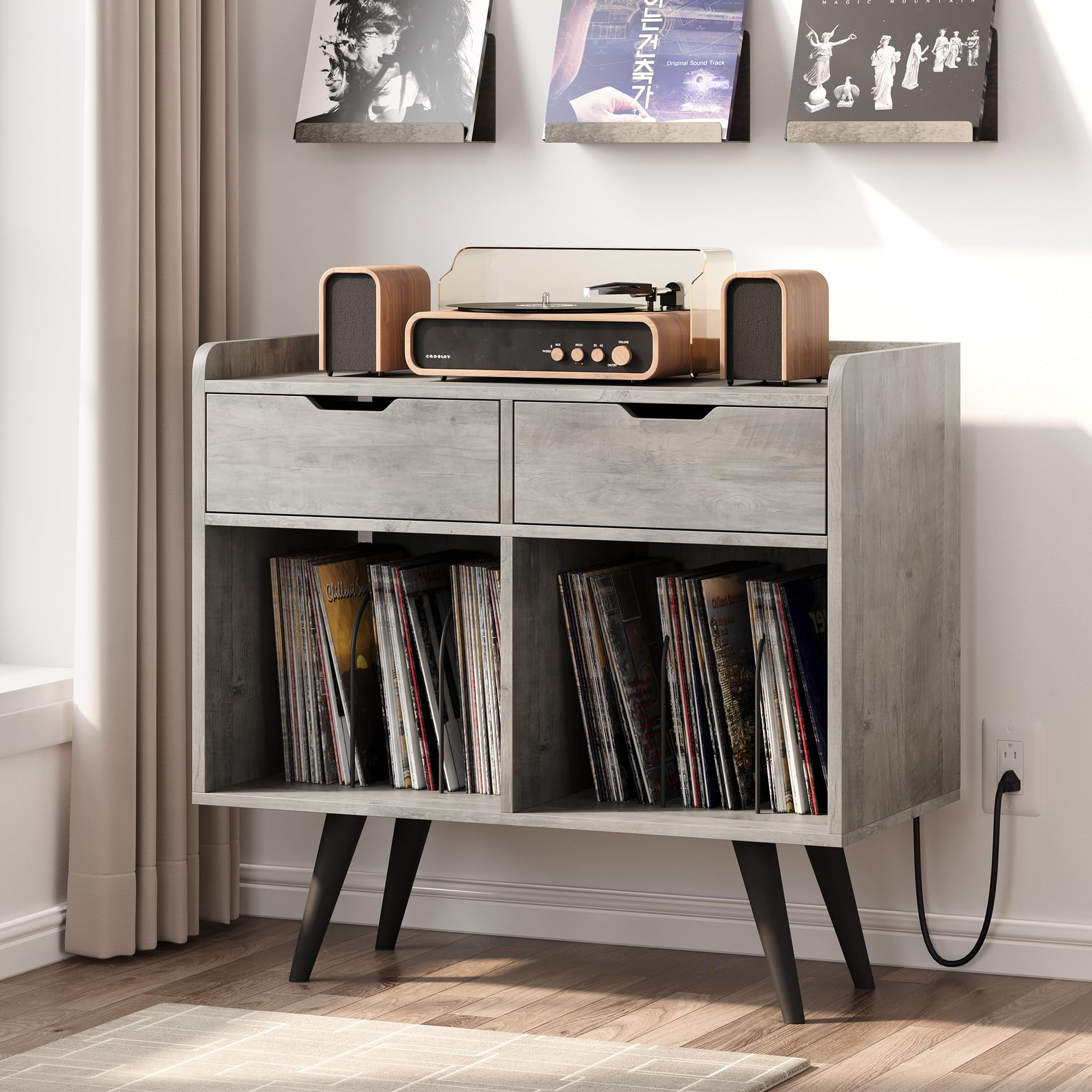 Record Player Table Stand with Storage Drawers, Vinyl Record Table ...
