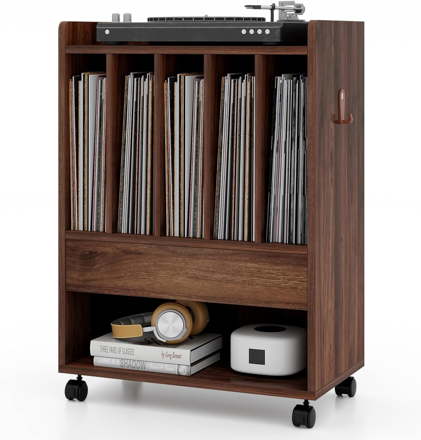 Record Player Table on Wheels, Turntable Stand with Pull-Out Drawer ...