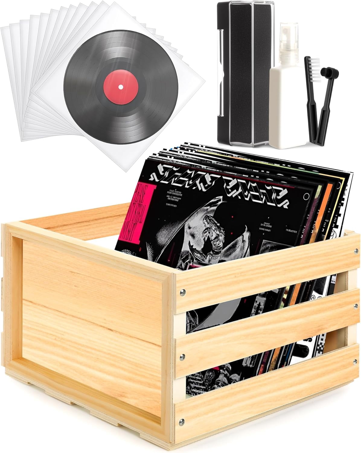 Record Storage Crate with 50 Pack Clear Plastic Record Outer Sleeves ...