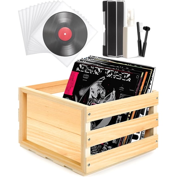 Record Storage Crate with 50 Pack Clear Plastic Record Outer Sleeves ...