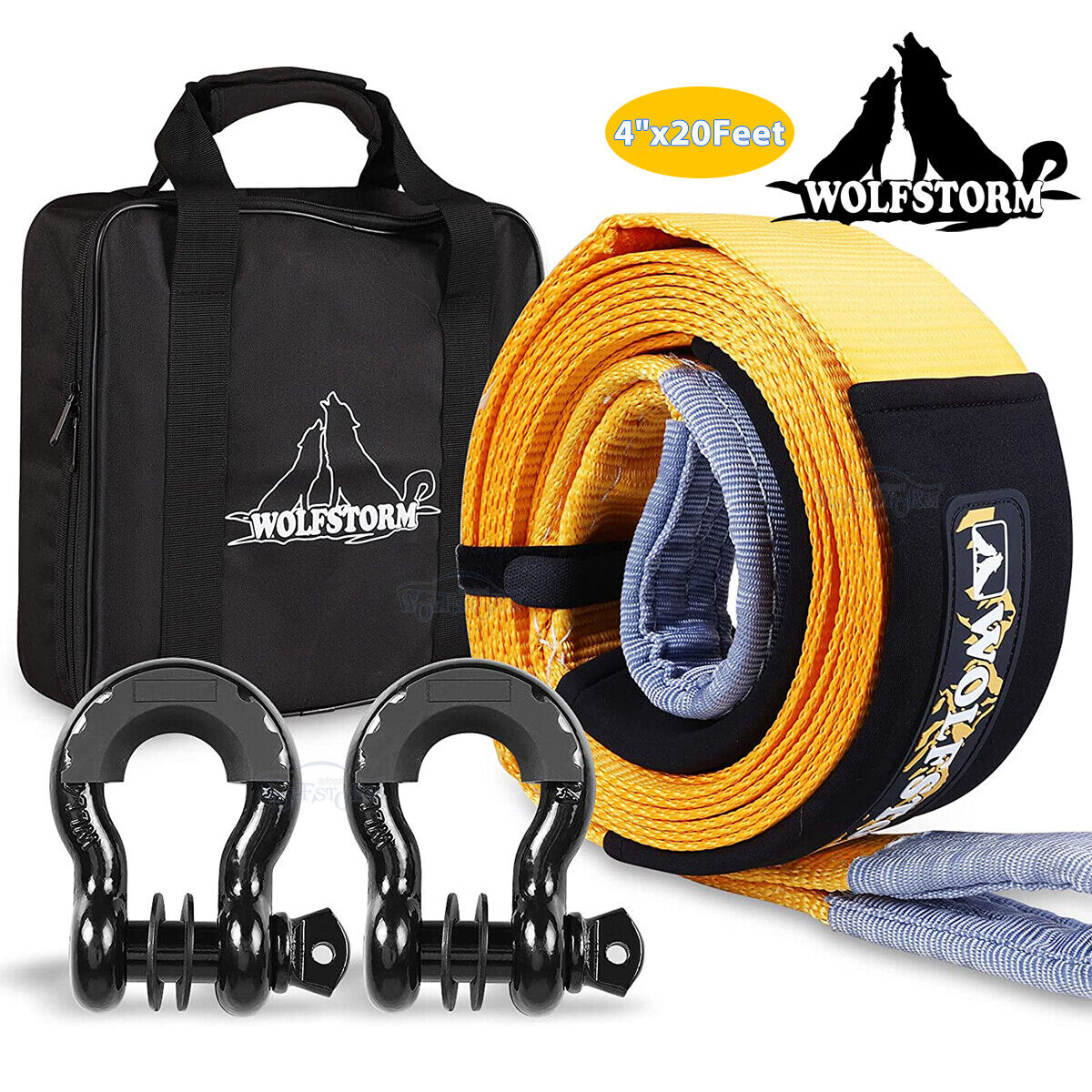 Recovery Tow Strap 4" x 20FT + 3/4" D Ring Shackles Emergency Off Road ...