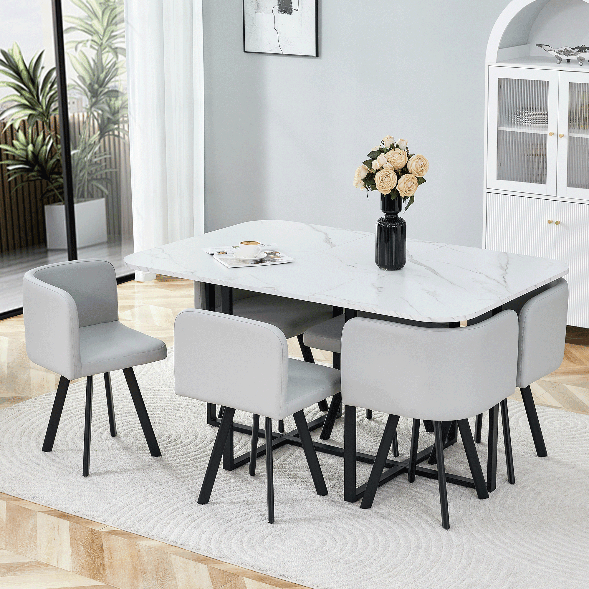 Rectanglar Dining Table Set for 6, 59" Farmhouse Kitchen Table and 6 ...