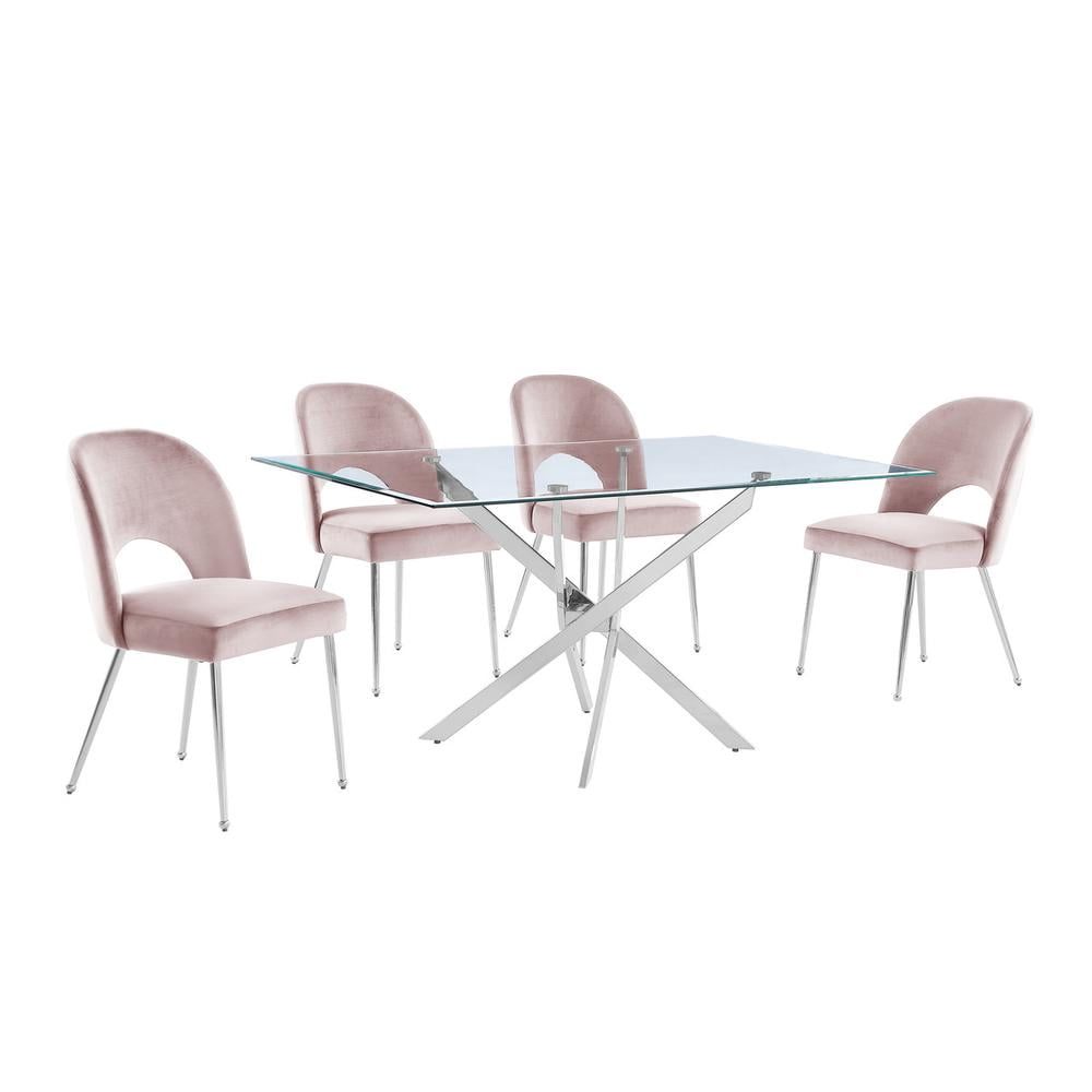 Rectangle 60" x 38" 5pc Clear Glass Dining Set with Pink Chairs ...
