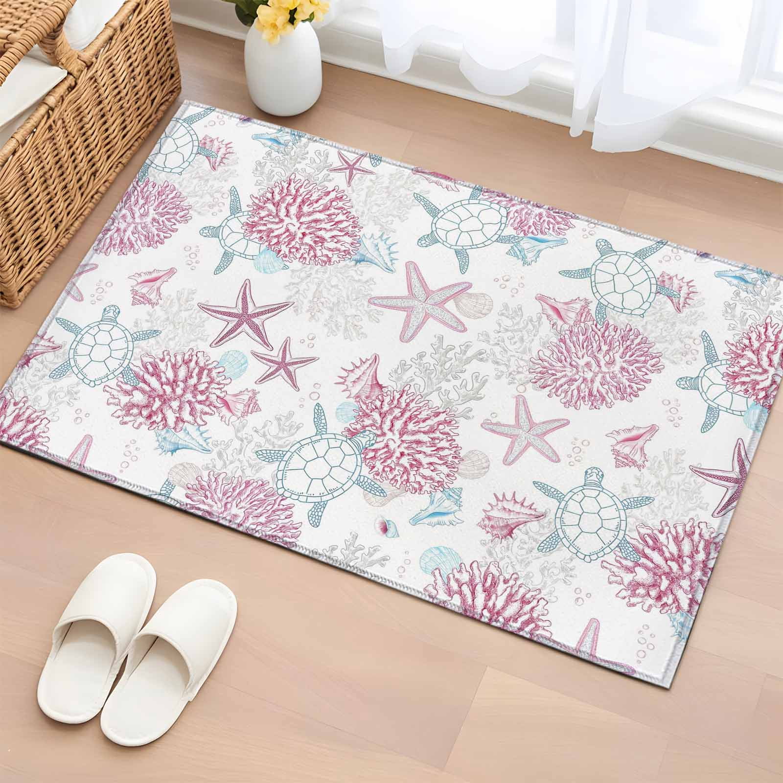 Rectangle Area Rug 2x3ft, Watercolor Coral Starfish Turtle Non-Slip Non ...