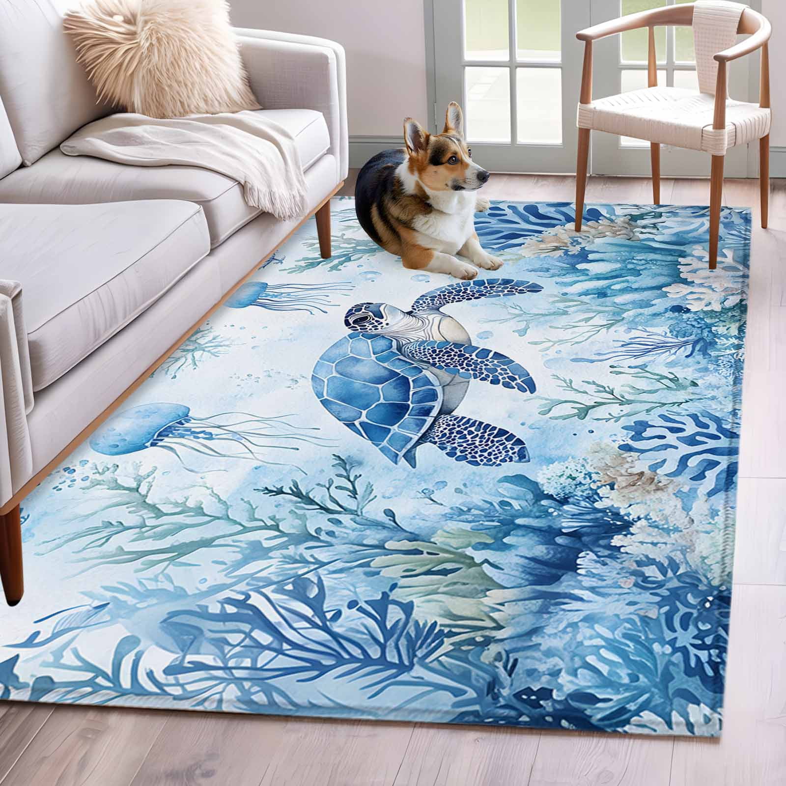 Rectangle Area Rug 4x6ft, Marine Life Sea Turtle Coral Non-Shedding ...