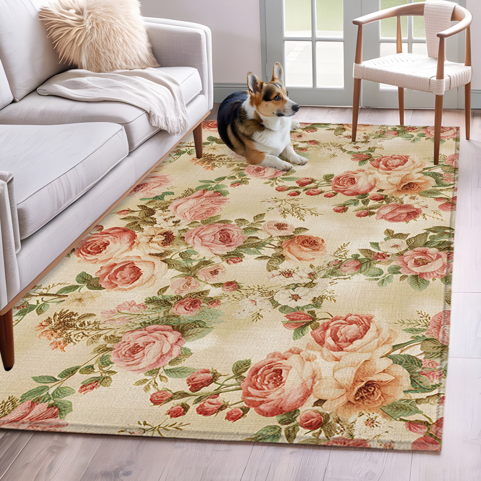 Rectangle Area Rug 4x6ft, Pink Rose Vintage Linen Non-Shedding Washable ...