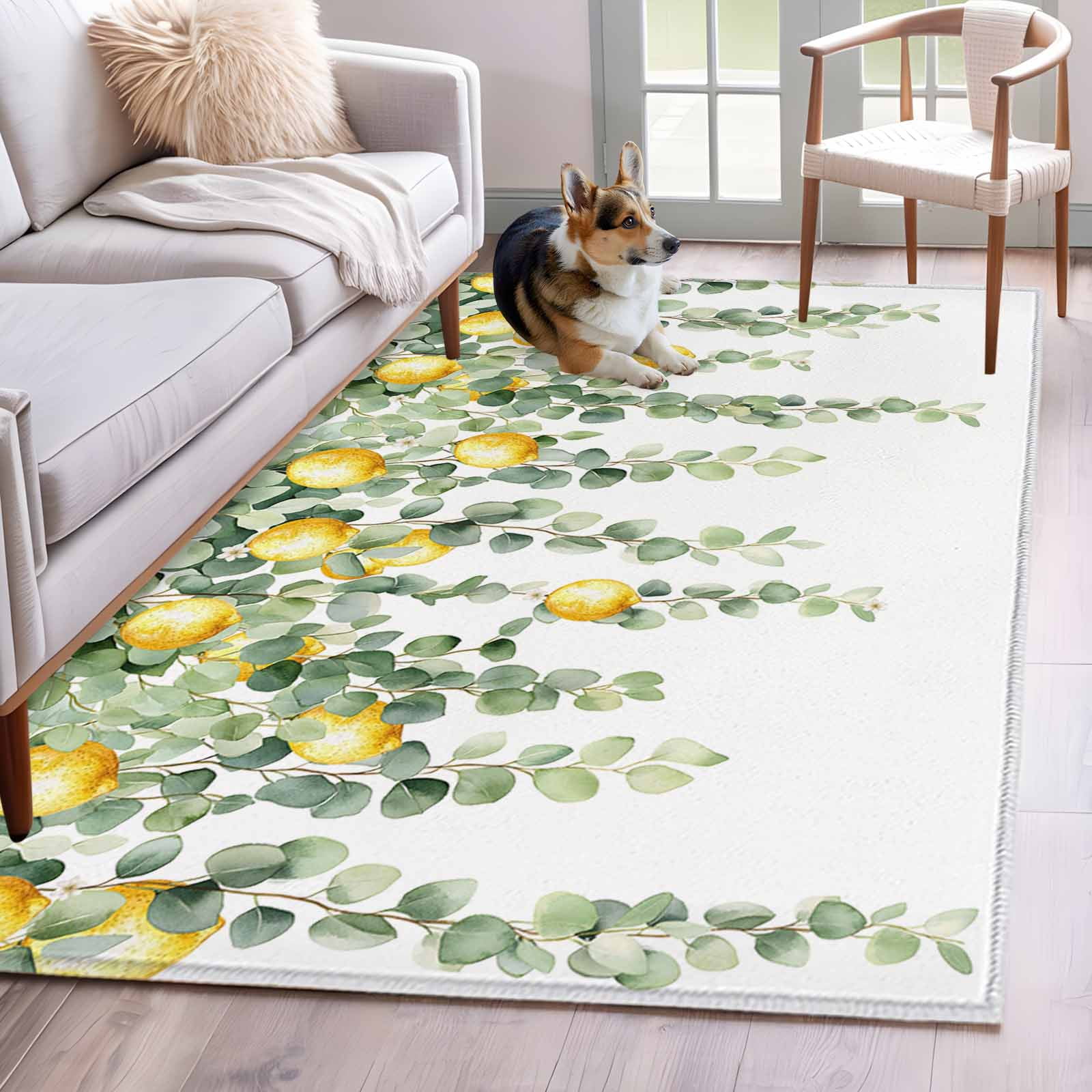 Rectangle Area Rug 4x6ft, Summer Lemon Green Eucalyptus Leaves Non ...