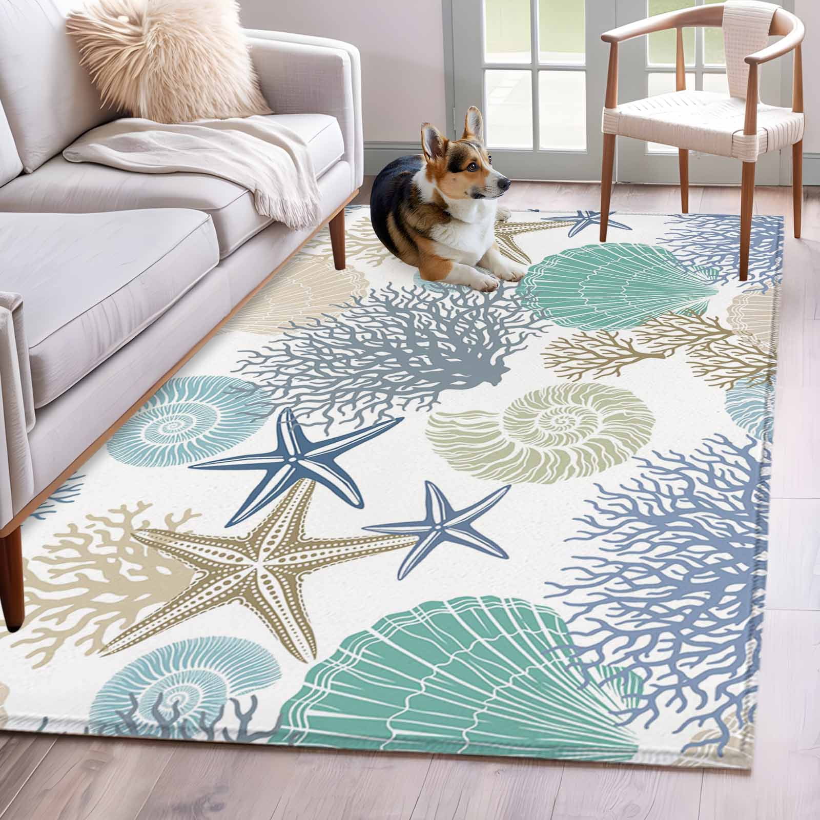 Rectangle Area Rug 4x6ft, Watercolor Ocean Starfish Shell Coral Non ...