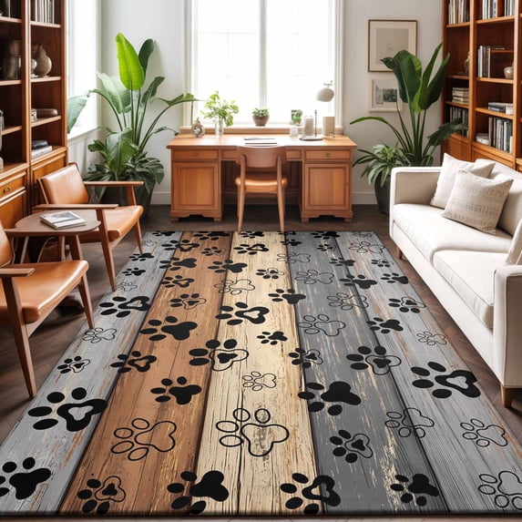 Rectangle Area Rug 5x7ft,Farmhouse Plank Cute Dog Paws Living Room Rug ...