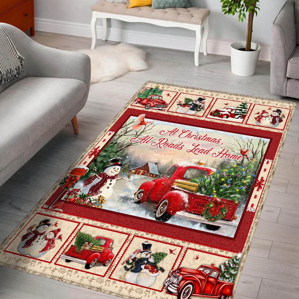 Rectangle Area Rug For Living Room, Bedroom, Red Truck Rug At Christmas ...