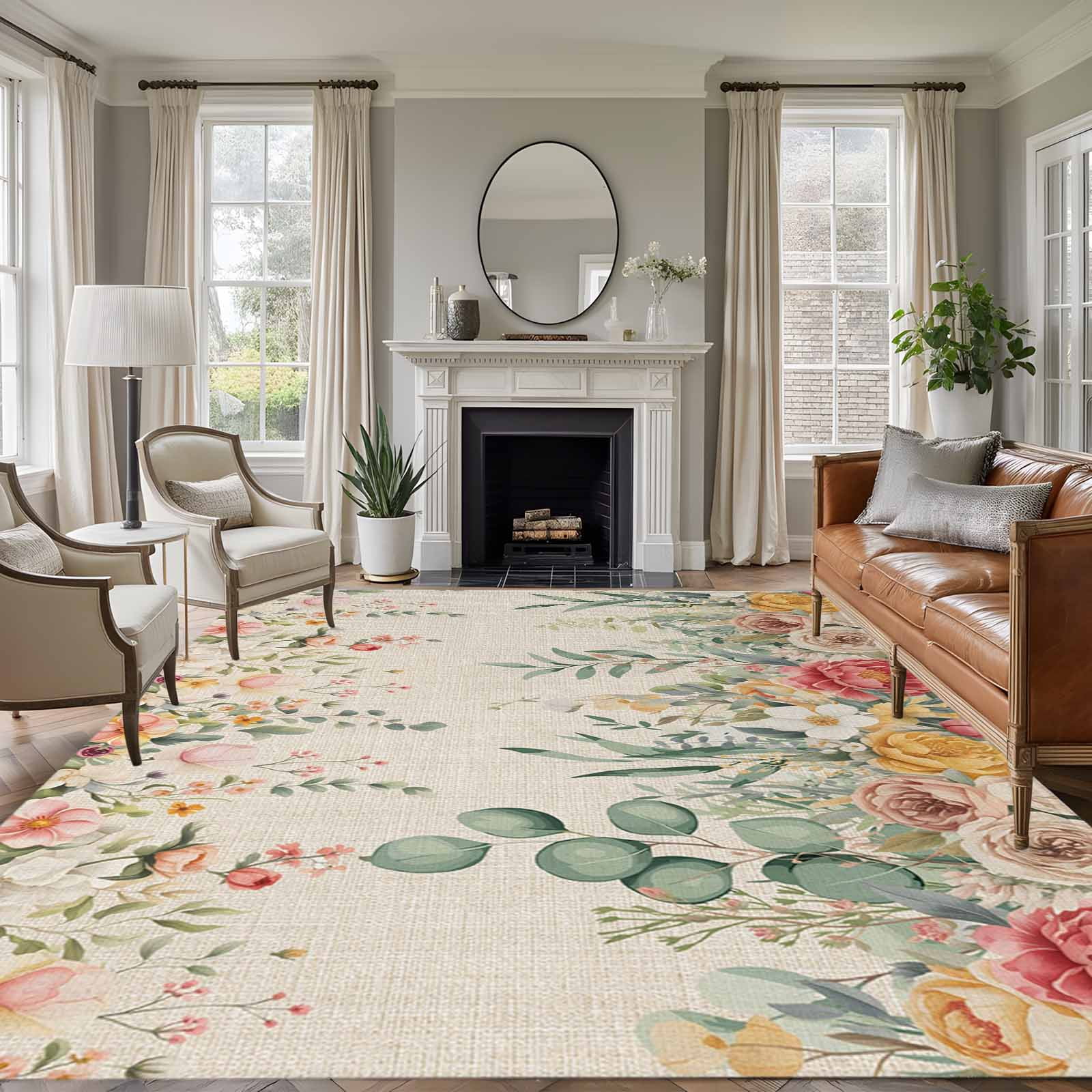 Rectangle Area Rugs 5 x 7 Ft, Watercolor Floral Non-Slip Residential ...