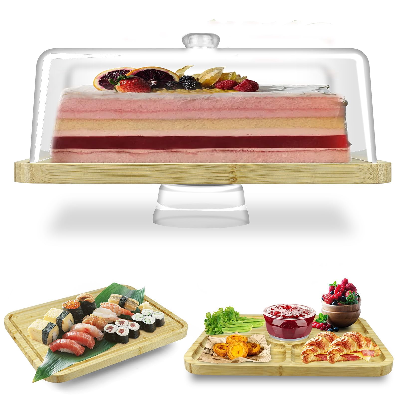 Rectangle Bamboo Wood/Acrylic Cake Stand 2-in-1 Dessert and Charcuterie ...