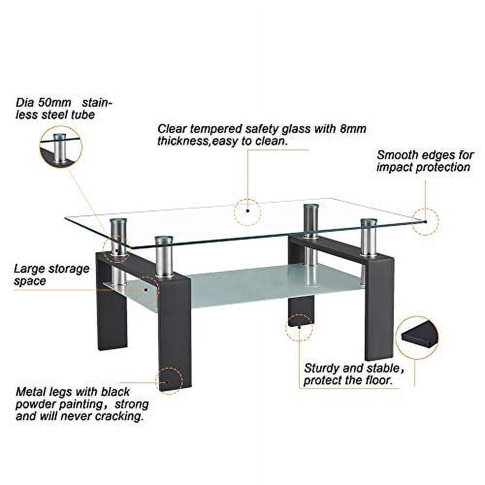 Rectangle Black Glass Coffee Table, Clear Coffee Table, Modern Side ...