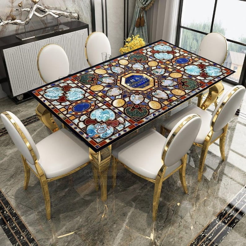 Rectangle Black Marble Dining Table Top with Elegant Pietra Dura Art ...