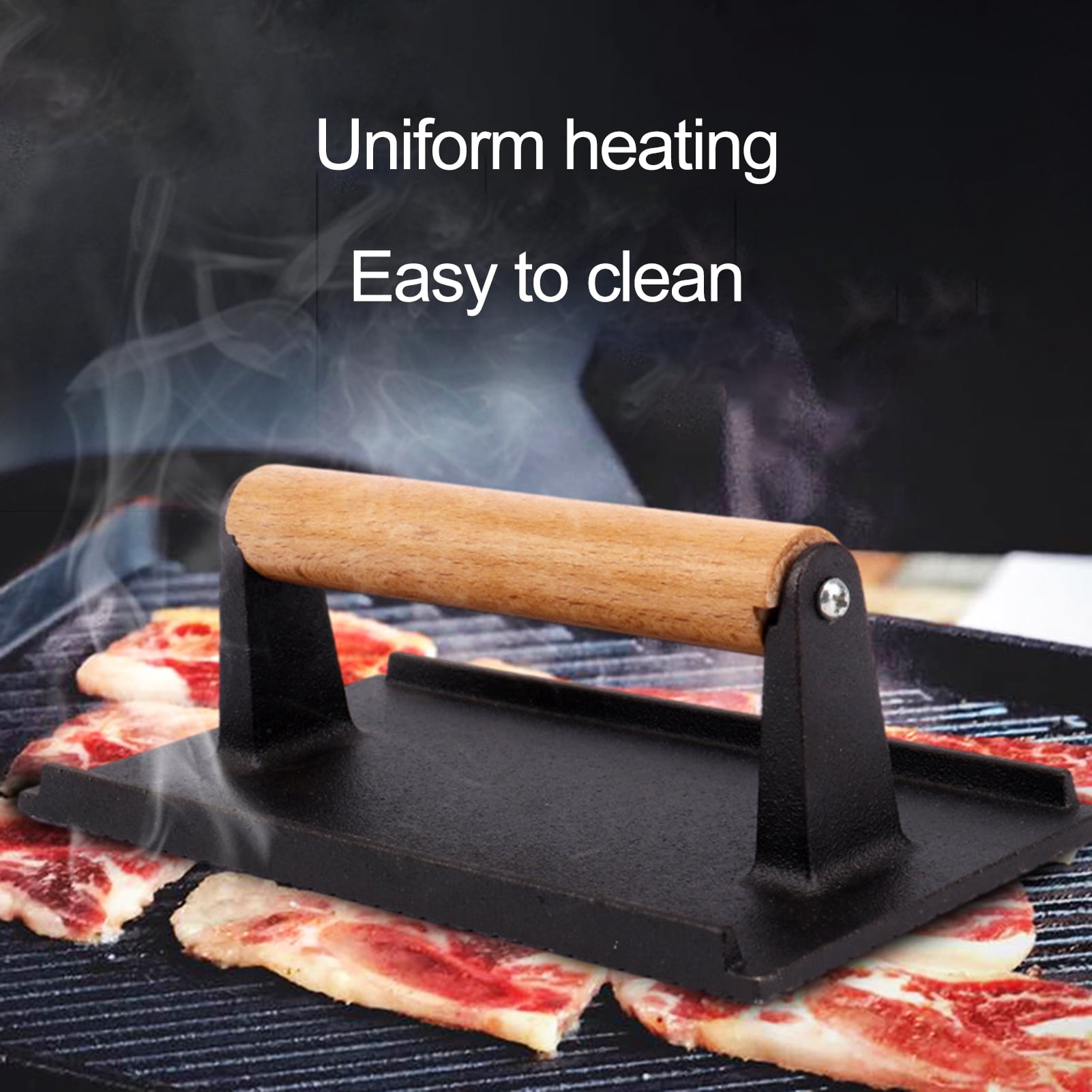 Rectangle Cast Iron Bacon Press with Wood Handle Even-Heat Transfer ...