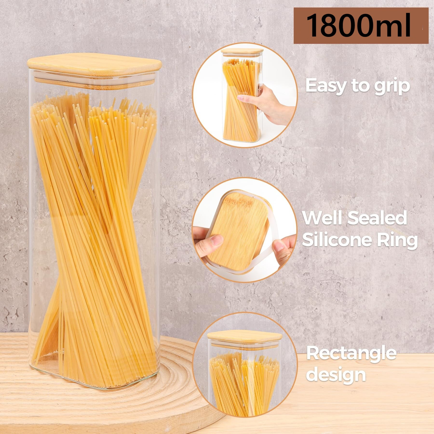 Rectangle Clear Storage Jars with Bamboo Lids For Sugar Coffee Pantry ...